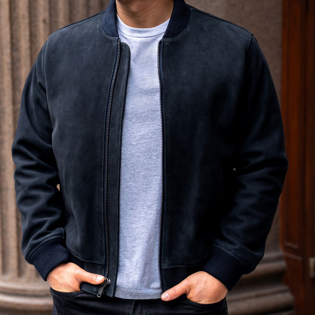 Men's Bomber Jacket In Navy Blue Suede - Thursday