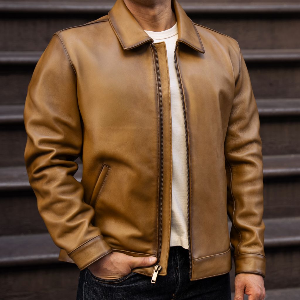 Men's Keanu Point Collar Jacket in Golden Brown Leather - Thursday