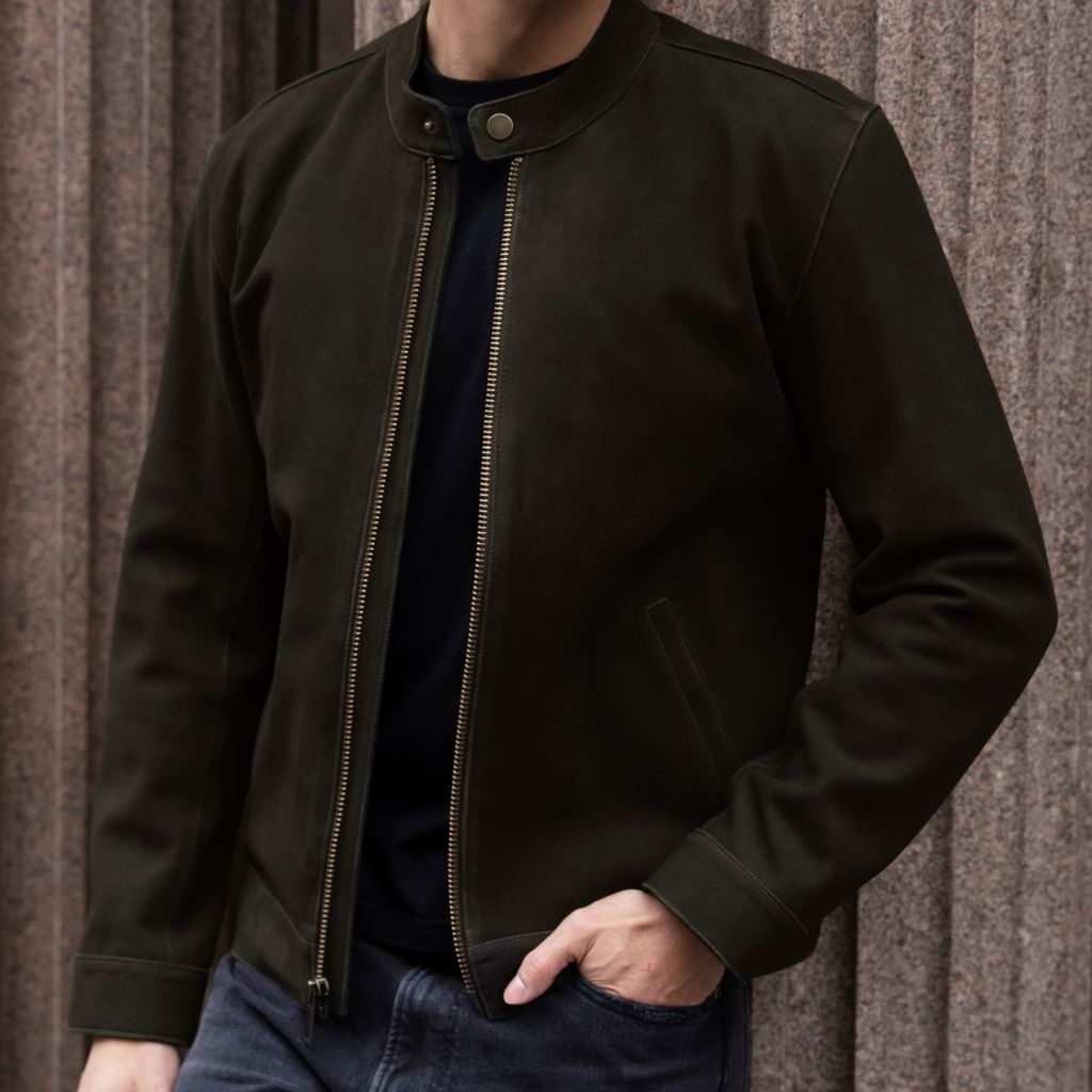 Men's Racer Jacket In Dark Olive Suede - Thursday Boot Company
