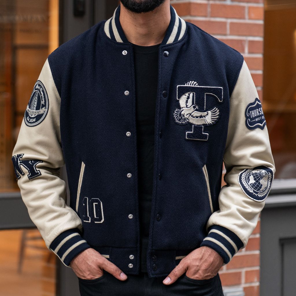 Men's Wool Varsity Jacket In Navy "10 Year" - Thursday