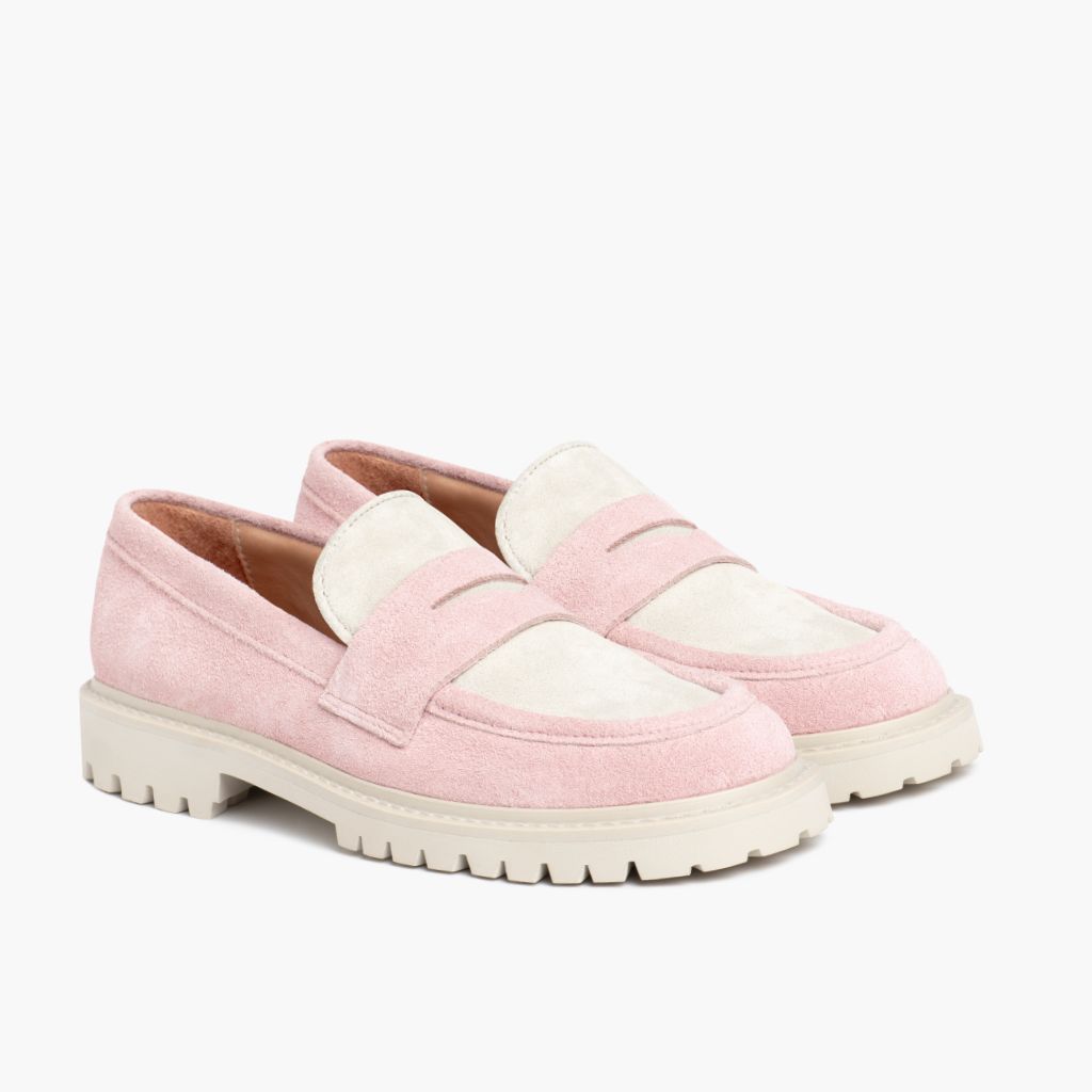 Women's Penny Lug Sole Loafer In Pink & Beige Suede - Thursday