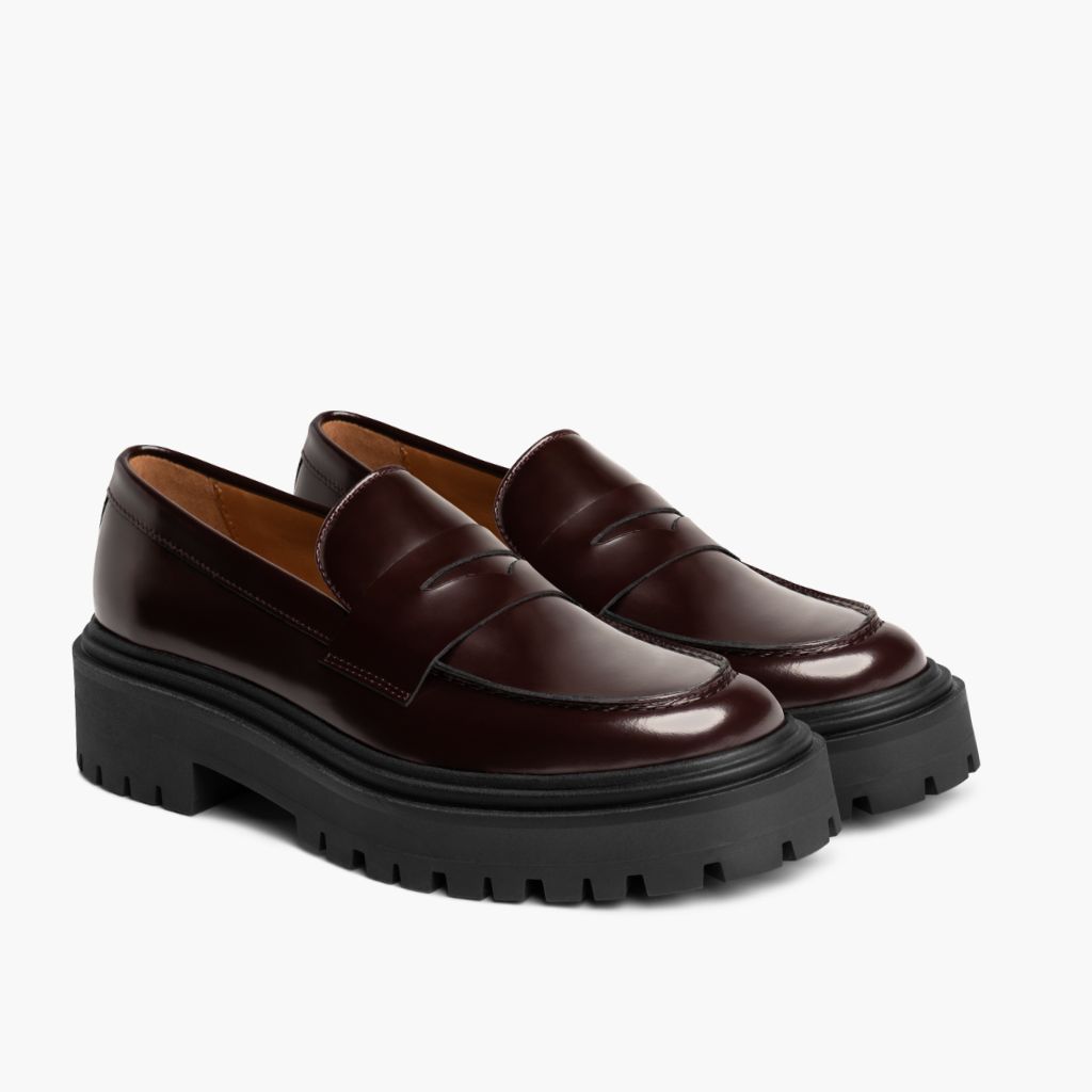 Women's Penny Platform Lug Sole Loafer In Burgundy Leather - Thursday