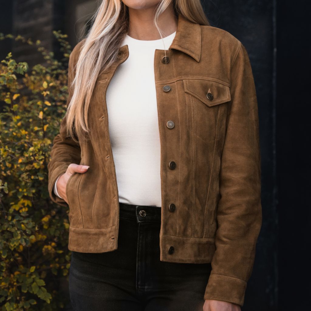 Women's Suede Trucker Jacket in Dusty Tan - Thursday