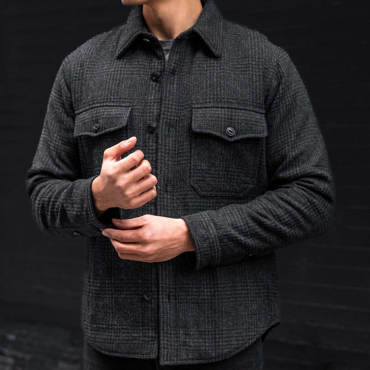 Men's Midweight CPO Wool Military Jacket in Black & Grey - Thursday