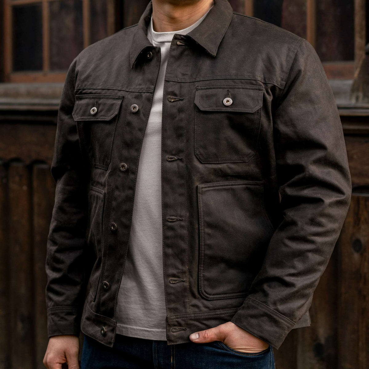 Men's Waxed Trucker Jacket in Dark Olive - Thursday