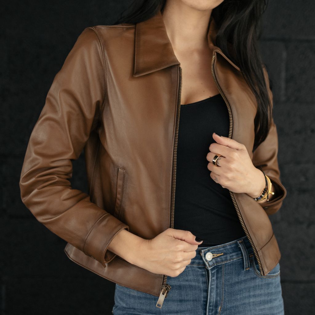Women's Edition Point Collar Jacket in Tan 'Walnut' Leather - Thursday