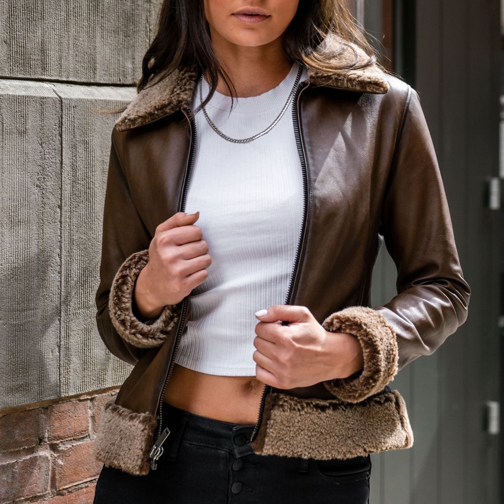 Women's Flight Jacket With Shearing Collar in Anejo Leather - Thursday