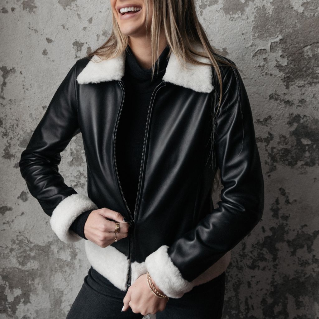 Women's Black Leather Flight Jacket With Shearing Collar - Thursday